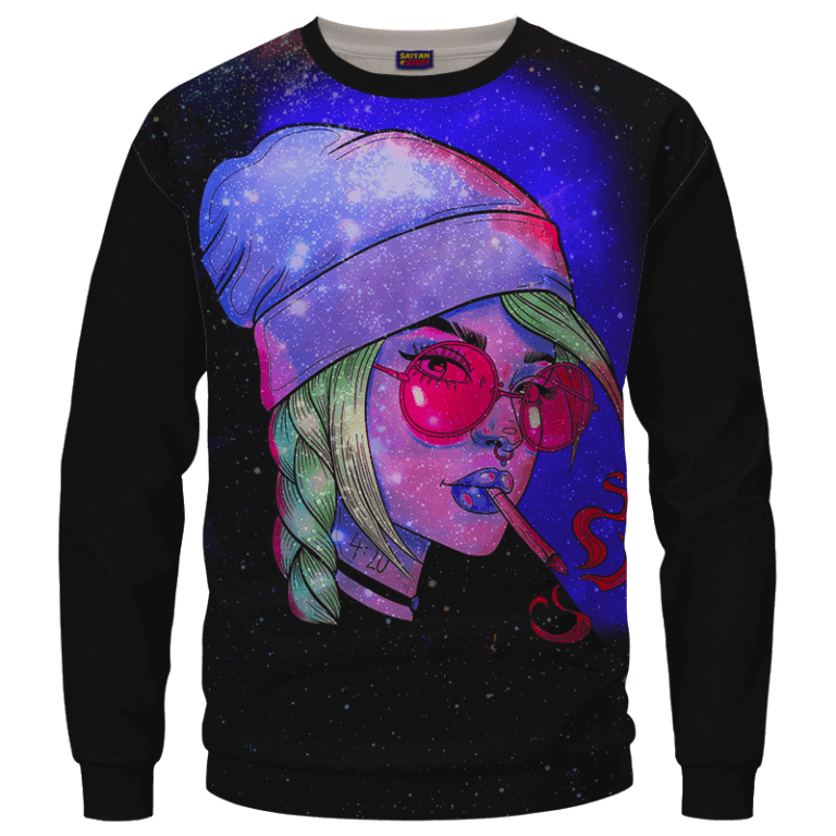 Marijuana Girl Smoking Joint Trippy 420 Art Crewneck Sweater